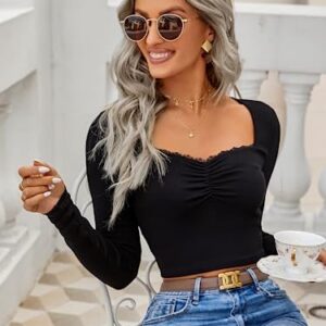 SOLY HUX Womens Long Sleeve Crop Tops T Shirts Ribbed Knit Lace Ruched Sweetheart Neck Casual Basic Fitted Tees Solid Black A S