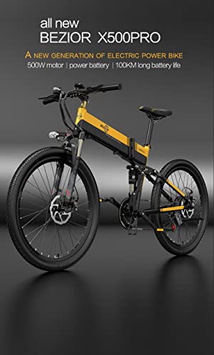 Bezior Electric Bike X500Pro for Adults, Foldable 26" x 1.95 Rubber Tire Electric Bicycle, 500w Motor 48V 10.4Ah Removable Battery, 20MPH Electric Mountain Bike, Suspension Fork, 7 Speed Gears