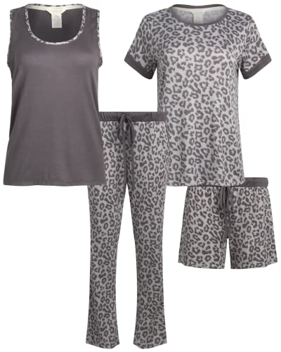 Lucky Brand Women's Pajama Set - 4 Piece Sleep Shirt, Tank Top, Pajama Pants, Lounge Shorts (S-XL), Size Medium, Grey