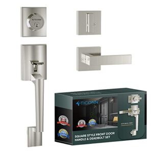 ticonn front door handle set, heavy duty square door lever & single cylinder deadbolt combo reversible for entrance exterior doors (satin nickel)