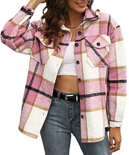 AUTOMET Womens Pink Jacket Casual Plaid Shacket Cute Long Sleeve Shirt Fall Jacket Shackets