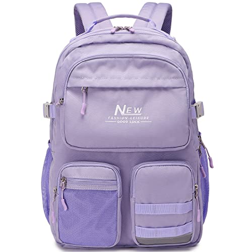 El-fmly Big School Backpack Bookbag for Teen Students, Multi Pockets Water Resistant Casual Daypack with 15.6 inch Laptop pocket for Travel(Purple)