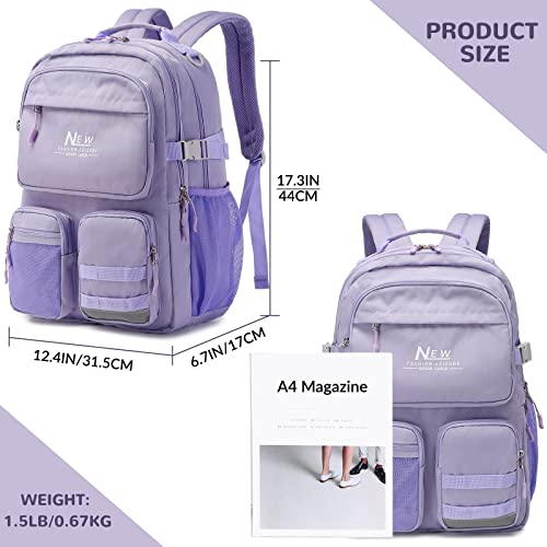 El-fmly Big School Backpack Bookbag for Teen Students, Multi Pockets Water Resistant Casual Daypack with 15.6 inch Laptop pocket for Travel(Purple)