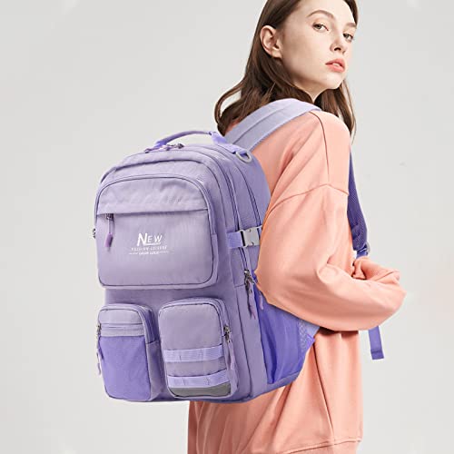 El-fmly Big School Backpack Bookbag for Teen Students, Multi Pockets Water Resistant Casual Daypack with 15.6 inch Laptop pocket for Travel(Purple)