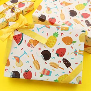 Hawaiian Gift Wrap 6 PCS,20 X 28 Inch Summer Yellow Wrapping Paper,Watermelon Orange Pineapple Lemon Strawberry Pattern Funny Tropical Wrapping Paper For Birthday Baby Shower Aloha Hula Party Decor