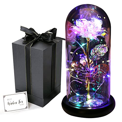 Beauty and The Beast Rose Light Up Galaxy Rose Gift for Mom Enchanted Forever Crystal Rose with Butterfly in Glass Dome Artificial Flower Unique Birthday Gifts for Her Grandma Sister Friend (Gold)