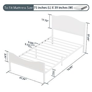 Timy Kids Twin Bed Frame with Wooden Headboard and Footboard, Metal Platform Bed Frame for Boys Girls Teens Adults, Modern Kids Bed Furniture, No Box Spring Needed, White