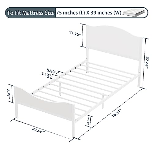 Timy Kids Twin Bed Frame with Wooden Headboard and Footboard, Metal Platform Bed Frame for Boys Girls Teens Adults, Modern Kids Bed Furniture, No Box Spring Needed, White