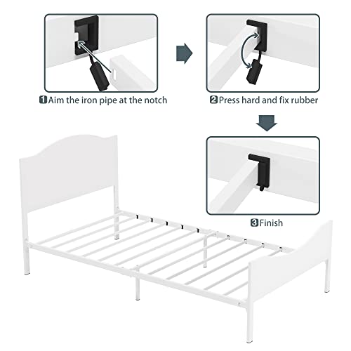 Timy Kids Twin Bed Frame with Wooden Headboard and Footboard, Metal Platform Bed Frame for Boys Girls Teens Adults, Modern Kids Bed Furniture, No Box Spring Needed, White