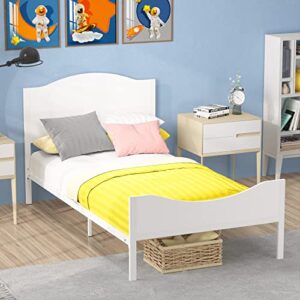 Timy Kids Twin Bed Frame with Wooden Headboard and Footboard, Metal Platform Bed Frame for Boys Girls Teens Adults, Modern Kids Bed Furniture, No Box Spring Needed, White