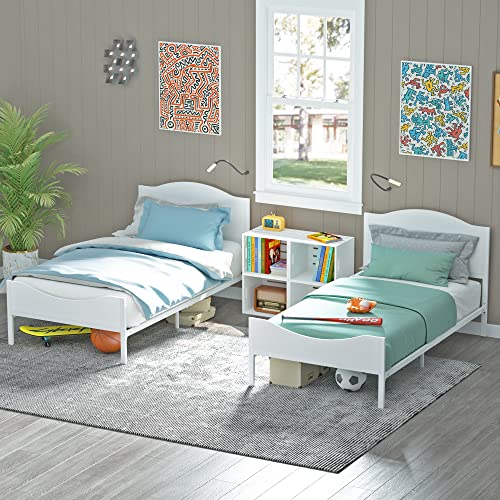 Timy Kids Twin Bed Frame with Wooden Headboard and Footboard, Metal Platform Bed Frame for Boys Girls Teens Adults, Modern Kids Bed Furniture, No Box Spring Needed, White