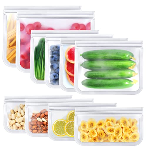 Reusable Food Storage Bags Leakproof, 10 Pack BPA Free Reusable Freezer Bags Resuable Sandwich Bags Food Grade Reusable Snack Bags for Meat, Fruit, Snack, Home Organization