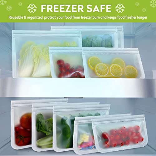 Reusable Food Storage Bags Leakproof, 10 Pack BPA Free Reusable Freezer Bags Resuable Sandwich Bags Food Grade Reusable Snack Bags for Meat, Fruit, Snack, Home Organization