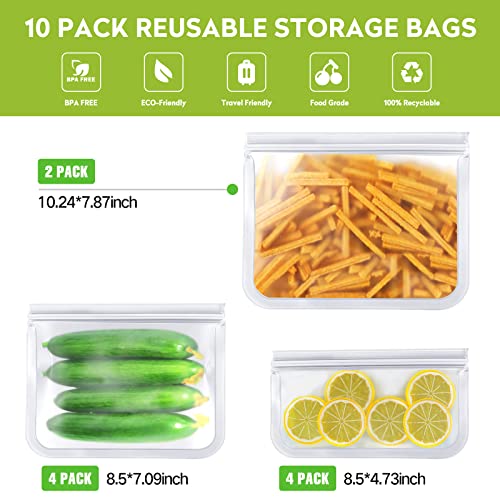 Reusable Food Storage Bags Leakproof, 10 Pack BPA Free Reusable Freezer Bags Resuable Sandwich Bags Food Grade Reusable Snack Bags for Meat, Fruit, Snack, Home Organization