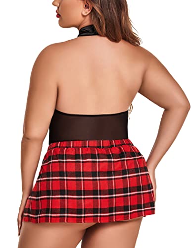 Avidlove Plus Size Lingerie for Women Sexy School Girl Cosplay Costumes Roleplay Outfits Red Plaid Christmas Lingerie