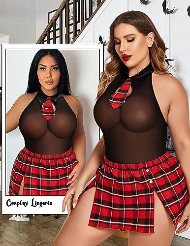 Avidlove Plus Size Lingerie for Women Sexy School Girl Cosplay Costumes Roleplay Outfits Red Plaid Christmas Lingerie