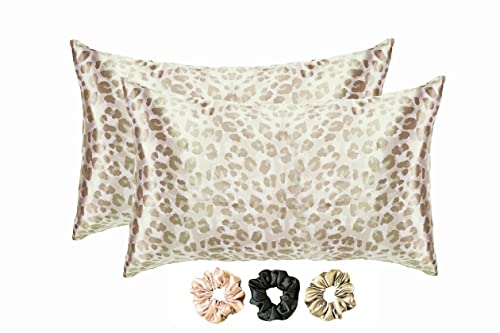 Coolbeds Satin Silk Pillow Covers for Hair and Skin-with Satin Scrunchies for Women Stylish |Satin Pillow Covers for Hair and Skin 2Pack |Silk scrunchies for Women 3Pack|Silk Pillow Case (Leopard)