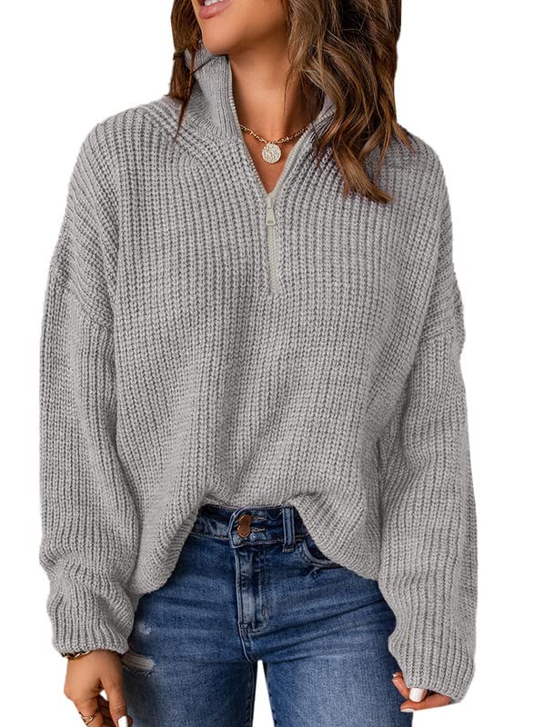 Dokotoo Womens Quarter Zip Sweater Long Sleeve Waffle Knit Casual Tops for Women Fashion 1/4 Zipper Pullover Chunky Gray Sweaters V Neck Oversized Sweater Fall Winter Outfits Clothes X-Large