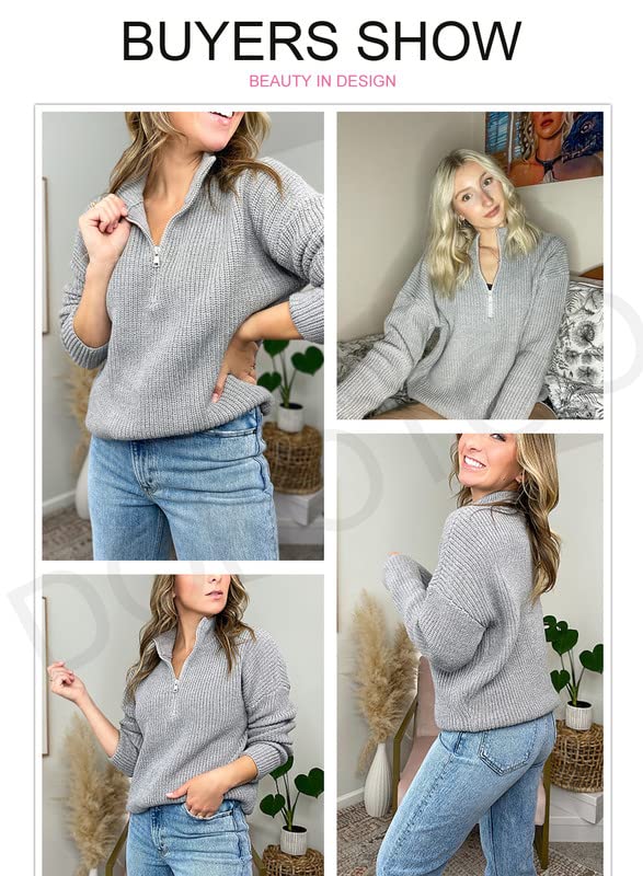 Dokotoo Womens Quarter Zip Sweater Long Sleeve Waffle Knit Casual Tops for Women Fashion 1/4 Zipper Pullover Chunky Gray Sweaters V Neck Oversized Sweater Fall Winter Outfits Clothes X-Large