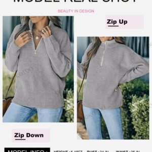 Dokotoo Womens Quarter Zip Sweater Long Sleeve Waffle Knit Casual Tops for Women Fashion 1/4 Zipper Pullover Chunky Gray Sweaters V Neck Oversized Sweater Fall Winter Outfits Clothes X-Large