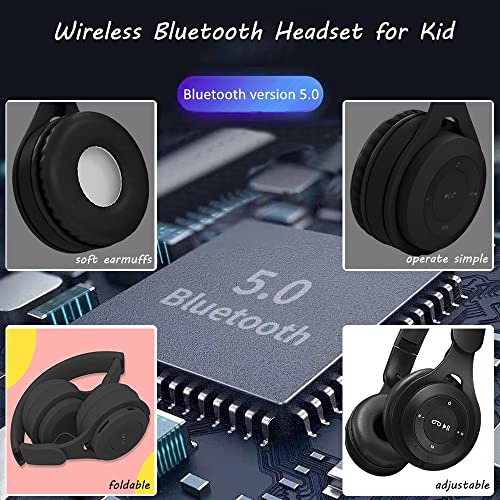 Kids Bluetooth Headphones, Over-Ear Wireless Bluetooth 5.0 Headset, Comfortable Protein Earpads and Folding Storage,HiFi Music Player with Microphone Bluetooth Wireless Headset (Black)