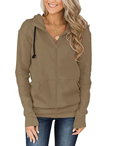 Fallorchid Womens Full-Zip Hoodies Casual Long Sleeve Sweatshirt with Pockets (1-Khaki,Medium,US,Alpha,Adult,Female,Medium,Regular,Regular)