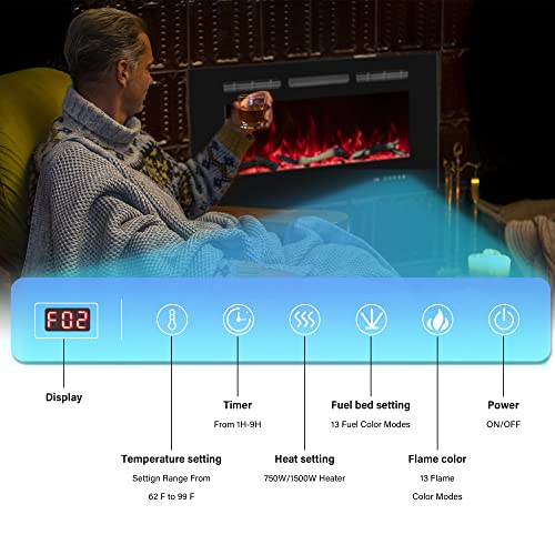 Oxhark Flame 36inch Electric Fireplace in Wall Recessed and Wall Mounted Fireplace Electric, 13 Flame Colors, Realistic Logs &Crystals Fuel Bed, Adjustable Temperature and Timer,750W/1500W, Black