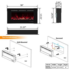 Oxhark Flame 36inch Electric Fireplace in Wall Recessed and Wall Mounted Fireplace Electric, 13 Flame Colors, Realistic Logs &Crystals Fuel Bed, Adjustable Temperature and Timer,750W/1500W, Black