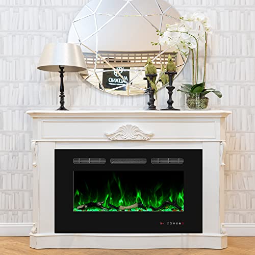 Oxhark Flame 36inch Electric Fireplace in Wall Recessed and Wall Mounted Fireplace Electric, 13 Flame Colors, Realistic Logs &Crystals Fuel Bed, Adjustable Temperature and Timer,750W/1500W, Black