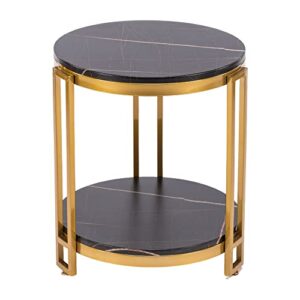 Alunaune Industrial End Table, 2-Tier Marble Look Round Side Table, Small Modern Storage Shelf Gold Metal Coffee Table Nightstand for Living Room Bedroom-Black