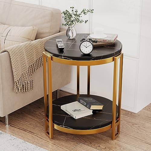 Alunaune Industrial End Table, 2-Tier Marble Look Round Side Table, Small Modern Storage Shelf Gold Metal Coffee Table Nightstand for Living Room Bedroom-Black