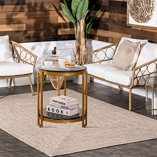 Alunaune Industrial End Table, 2-Tier Marble Look Round Side Table, Small Modern Storage Shelf Gold Metal Coffee Table Nightstand for Living Room Bedroom-Black