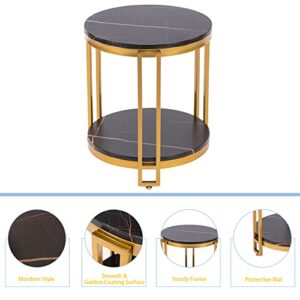 Alunaune Industrial End Table, 2-Tier Marble Look Round Side Table, Small Modern Storage Shelf Gold Metal Coffee Table Nightstand for Living Room Bedroom-Black