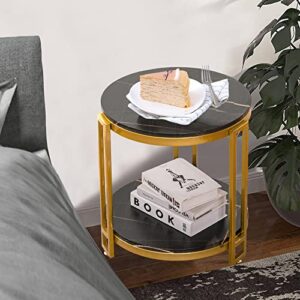 Alunaune Industrial End Table, 2-Tier Marble Look Round Side Table, Small Modern Storage Shelf Gold Metal Coffee Table Nightstand for Living Room Bedroom-Black