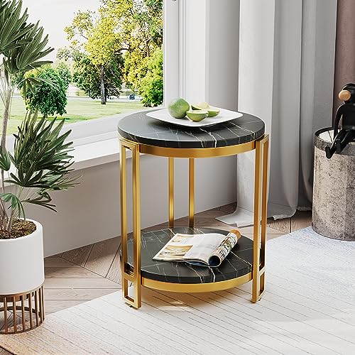 Alunaune Industrial End Table, 2-Tier Marble Look Round Side Table, Small Modern Storage Shelf Gold Metal Coffee Table Nightstand for Living Room Bedroom-Black