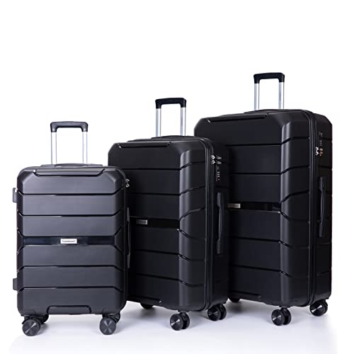 Travelhouse Hardshell Luggage 3 Piece Set Suitcase PP Hardshell with Spinner Wheels and TSA Lock 20in 24in 28in Women Business and student suitcase Set(Black)