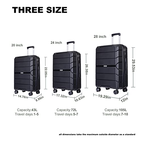 Travelhouse Hardshell Luggage 3 Piece Set Suitcase PP Hardshell with Spinner Wheels and TSA Lock 20in 24in 28in Women Business and student suitcase Set(Black)