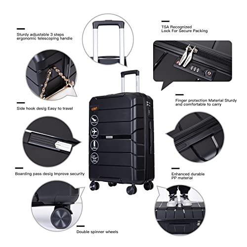 Travelhouse Hardshell Luggage 3 Piece Set Suitcase PP Hardshell with Spinner Wheels and TSA Lock 20in 24in 28in Women Business and student suitcase Set(Black)