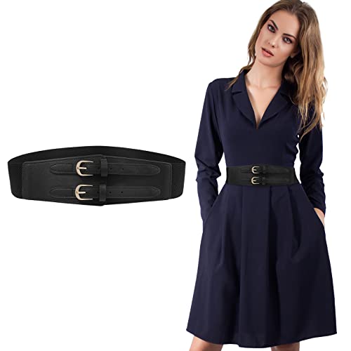 AWAYTR Double Buckle Women's Elastic Belt - Ladies Stretchy Wide Belts for Dresses, Leather Waist Belts for Women Jeans（Black 37-49"）