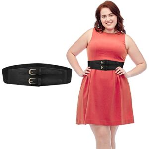 AWAYTR Double Buckle Women's Elastic Belt - Ladies Stretchy Wide Belts for Dresses, Leather Waist Belts for Women Jeans（Black 37-49"）