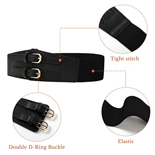 AWAYTR Double Buckle Women's Elastic Belt - Ladies Stretchy Wide Belts for Dresses, Leather Waist Belts for Women Jeans（Black 37-49"）