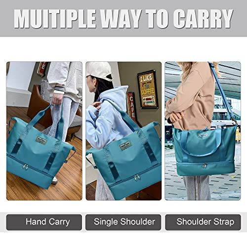 MOCARE Travel Duffel Bag, Sports Gym Tote Carry on Bags for Women, Foldable Lightweight Overnight Shoulder Weekender Shopping Hospital Handbag with Shoes Compartment (Turquoise)