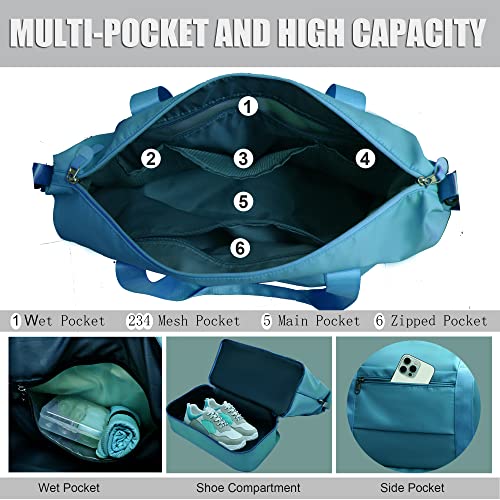 MOCARE Travel Duffel Bag, Sports Gym Tote Carry on Bags for Women, Foldable Lightweight Overnight Shoulder Weekender Shopping Hospital Handbag with Shoes Compartment (Turquoise)