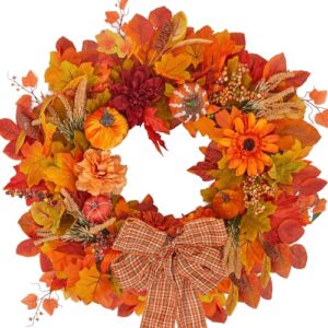 fall wreath for front door, 24 inch fall door wreath with wreath hanger, autumn pumpkin wreath for fall decor outdoor indoor, thanksgiving day, fall decorations for home