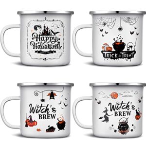 skyley 4 pcs halloween coffee cups fall novelty mugs enamel campfire 12oz witch's brew trick or treat outdoor camping mug cup gifts for friends kitchen decor happy halloween, white