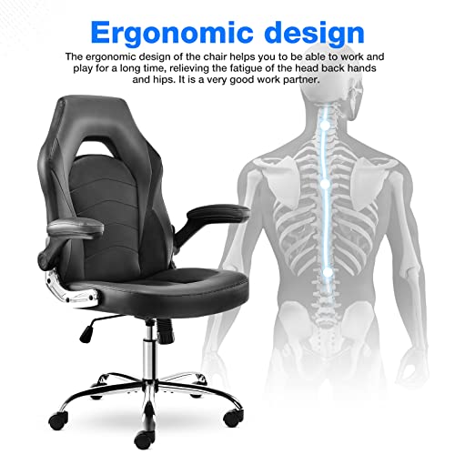 JHK Gaming Ergonomic Office Flip-up Armrest and Height Adjustable Desk Splicing PU Leather Computer Chair with Lumbar Support, 25.98D x 28.35W x 42.13H in, Black+Grey