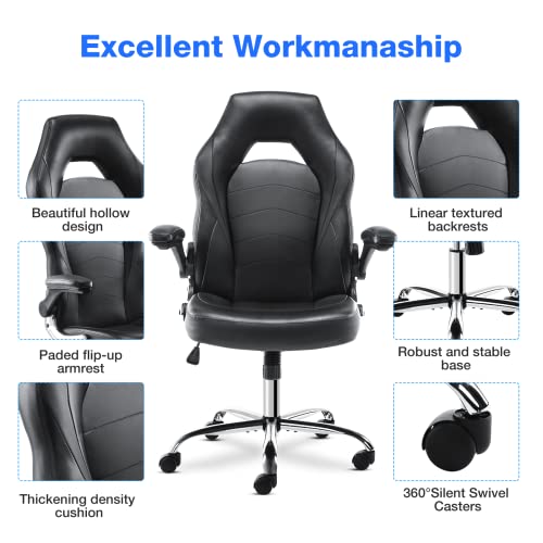 JHK Gaming Ergonomic Office Flip-up Armrest and Height Adjustable Desk Splicing PU Leather Computer Chair with Lumbar Support, 25.98D x 28.35W x 42.13H in, Black+Grey