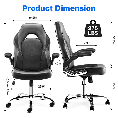 JHK Gaming Ergonomic Office Flip-up Armrest and Height Adjustable Desk Splicing PU Leather Computer Chair with Lumbar Support, 25.98D x 28.35W x 42.13H in, Black+Grey