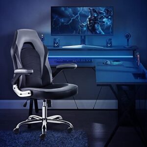 JHK Gaming Ergonomic Office Flip-up Armrest and Height Adjustable Desk Splicing PU Leather Computer Chair with Lumbar Support, 25.98D x 28.35W x 42.13H in, Black+Grey