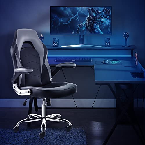 JHK Gaming Ergonomic Office Flip-up Armrest and Height Adjustable Desk Splicing PU Leather Computer Chair with Lumbar Support, 25.98D x 28.35W x 42.13H in, Black+Grey